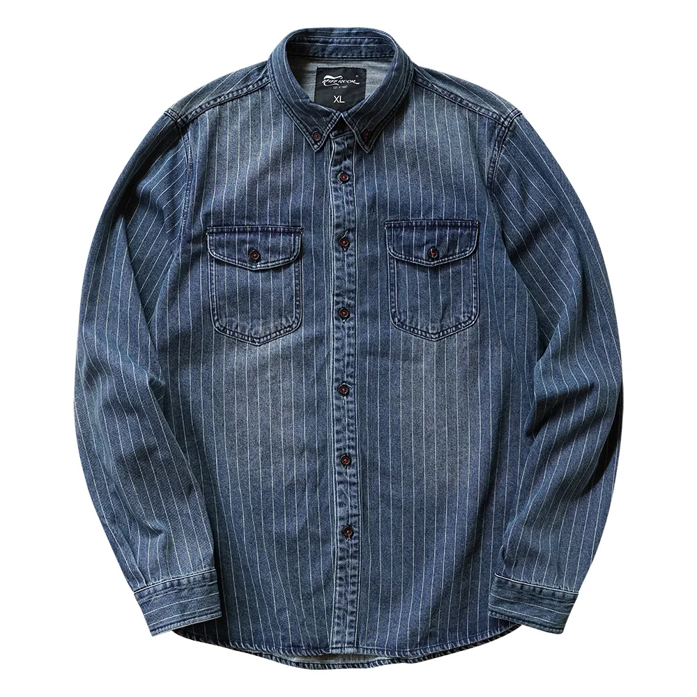 Retro heavy striped denim shirt cotton washed long sleeve casual men's ...