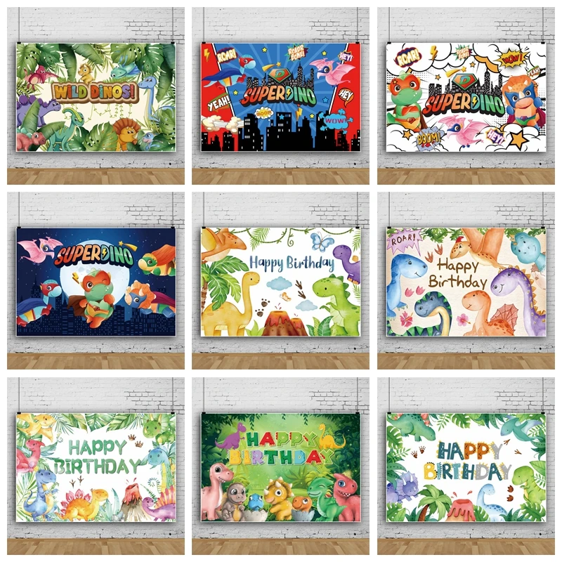 Cartoon Dinosaur Party Backdrop Wild Dino Happy Birthday Party Decor ...