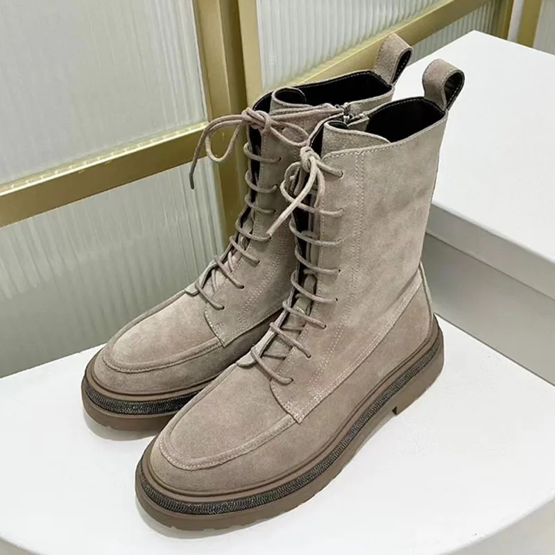 Thick Sole Motorcycle Boots Women Cow Suede Patchwork Short Boots Round ...