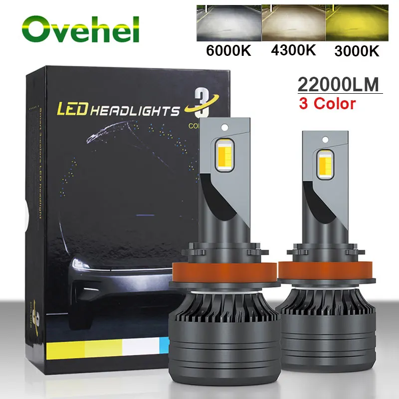 Ovehel Car Headlight Dual-color H4 Led 22000lm Tri-color H7 H11 H8 9005 ...