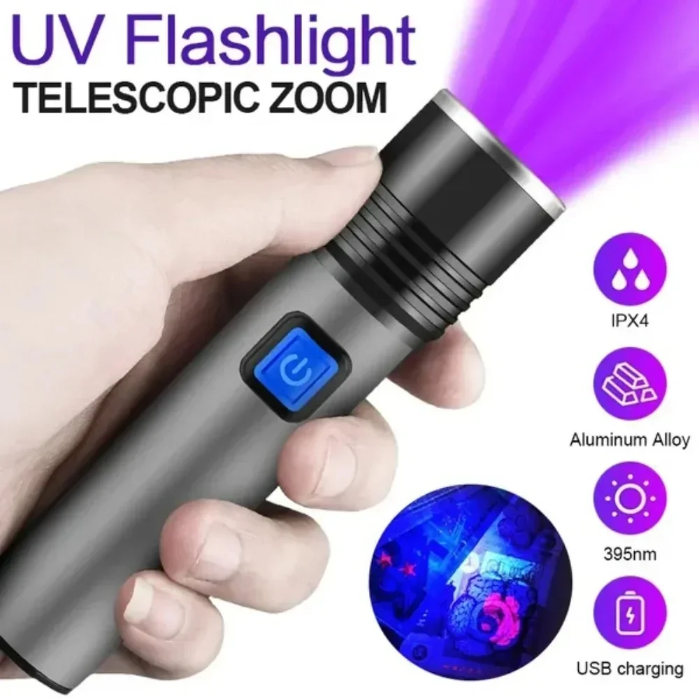5W-365nm-UV-Flashlight-USB-Rechargeable-Zoom-Ultraviolet-Torch-Pets ...