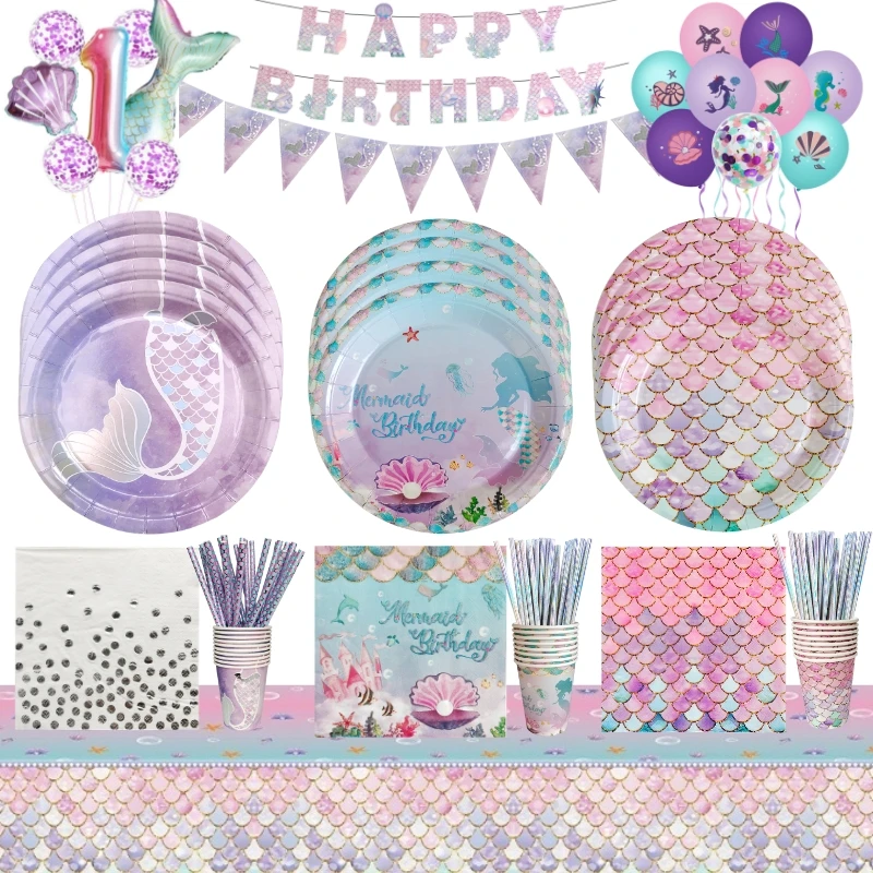 Mermaid Disposable Tableware Set Little Mermaid Paper Plates Cup ...