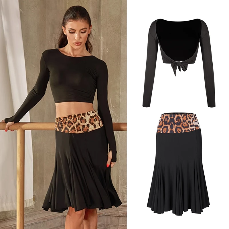 New-ZYM-Latin-Dance-Costume-Women-Black-Tops-Leopard-Skirt-Backless ...