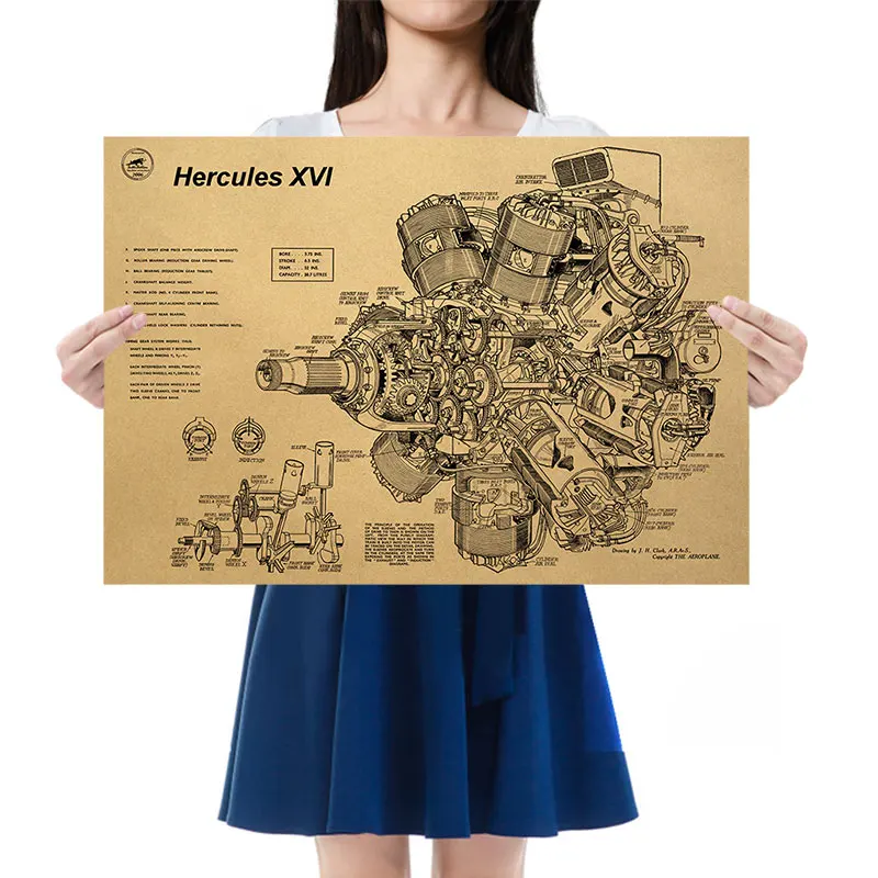 Classic-Mechanical-Posters-Heavy-Engine-Sketch-Retro-Kraft-Poster ...