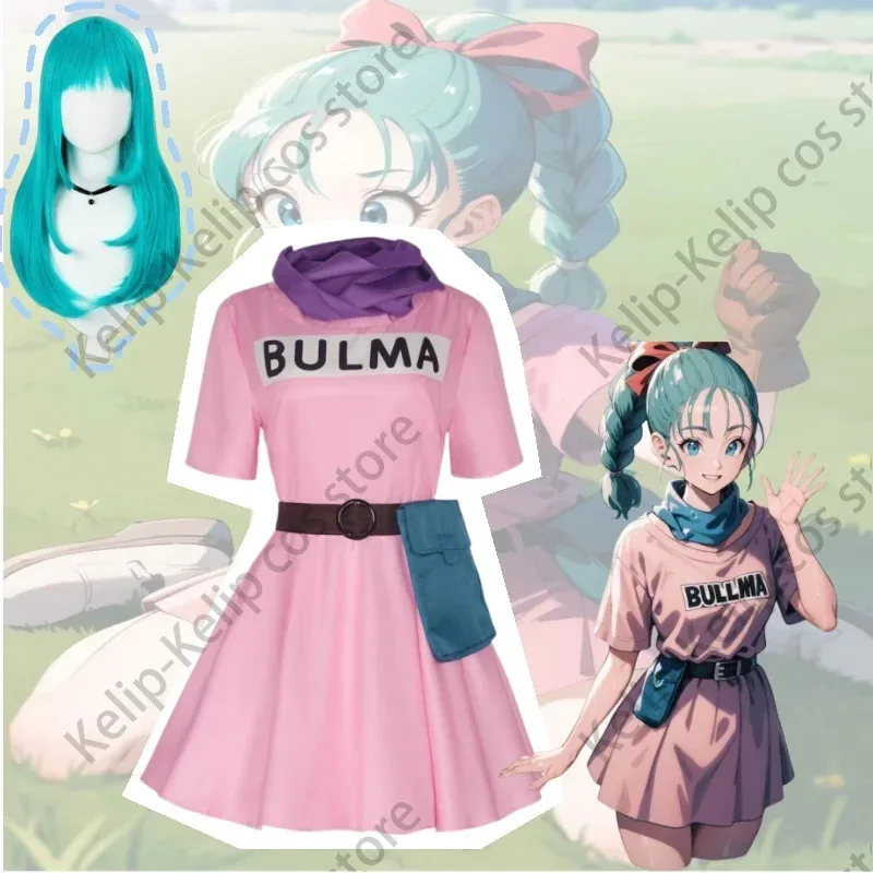 Bulma Cosplay Costume Pink Dress Headwear Purple Scarf Belt Bag Full ...