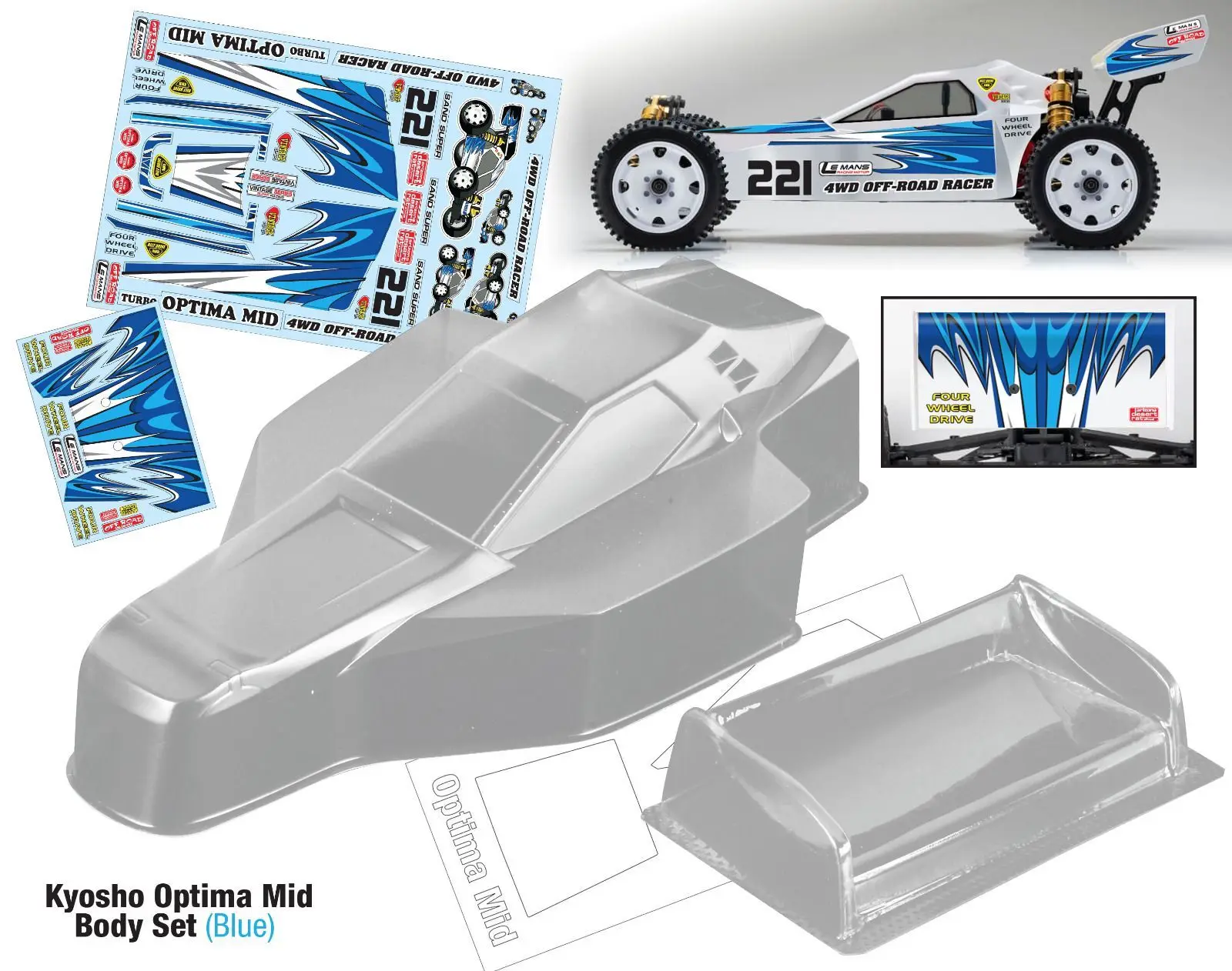 Kyosho 1/10 Optima Mid Body Set Car Shell/Wing with Transparent PC ...