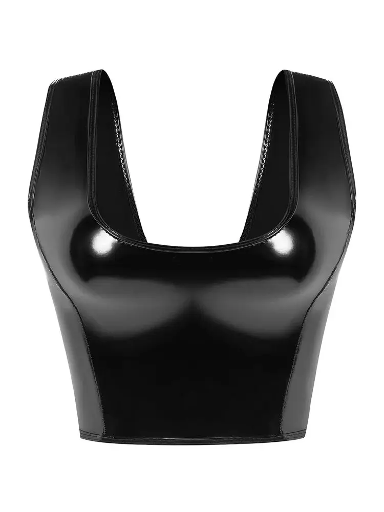 S-3XL Wet Look PVC Tank Bustier Crop Tops Sleeveless Shirt Shiny PU ...