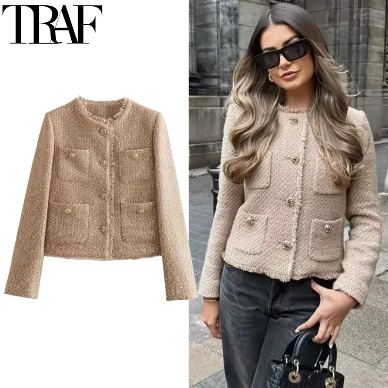 TRAF-Jackets-Outerwears-Cropped-Tweed-Jacket-Women-Autumn-Long-Sleeve ...