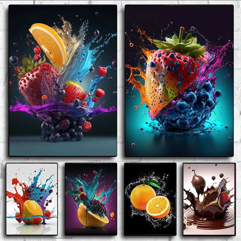 Natural Fresh Fruits Splash Poster and Prints Strawberry Oranges Canvas ...
