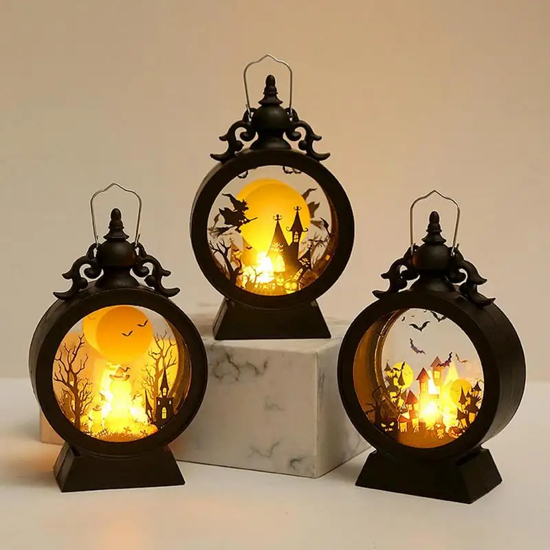 Halloween-Pumpkin-Castle-Decorative-Lamp-Simulated-Flame-Witch-LED ...