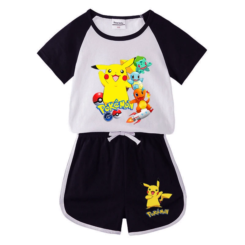 Camiseta de algodón de Pikachu para niñas y pantalones cortos, conjunto ...