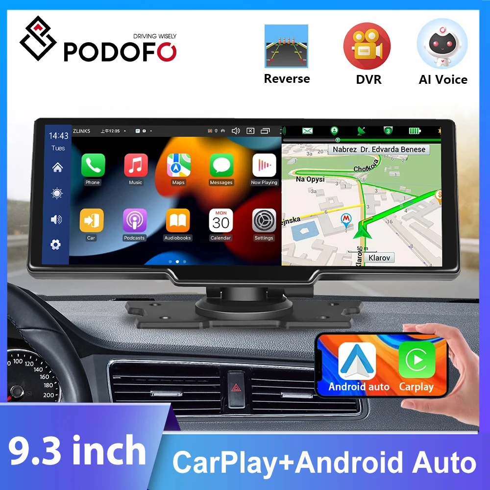 Podofo 9" Car Mirror Monitor Video HD Recording Carplay Android Auto ...