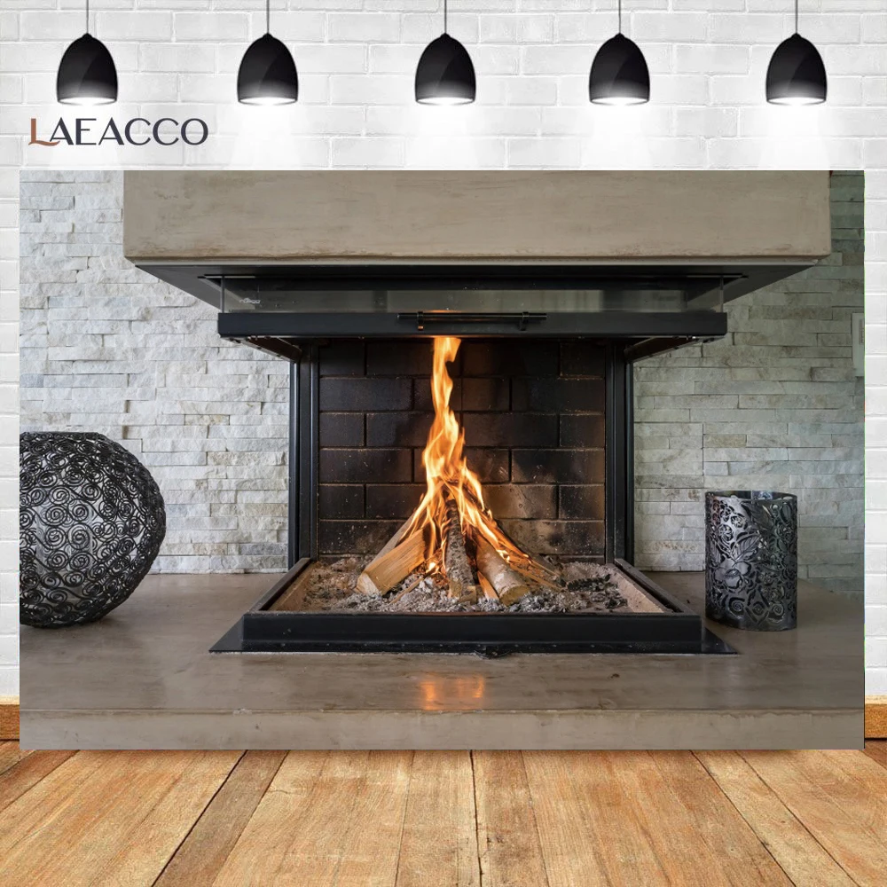 Photo Backdrop Winter Modern Luxury Fireplace Living Room Burning Fire ...