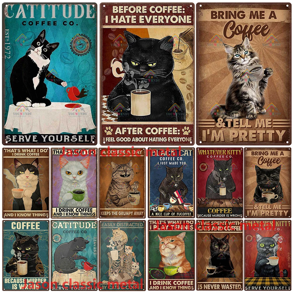 Retro Cat Coffee Metal Sign Vintage Kitchen Signs Funny Tin Signs for ...