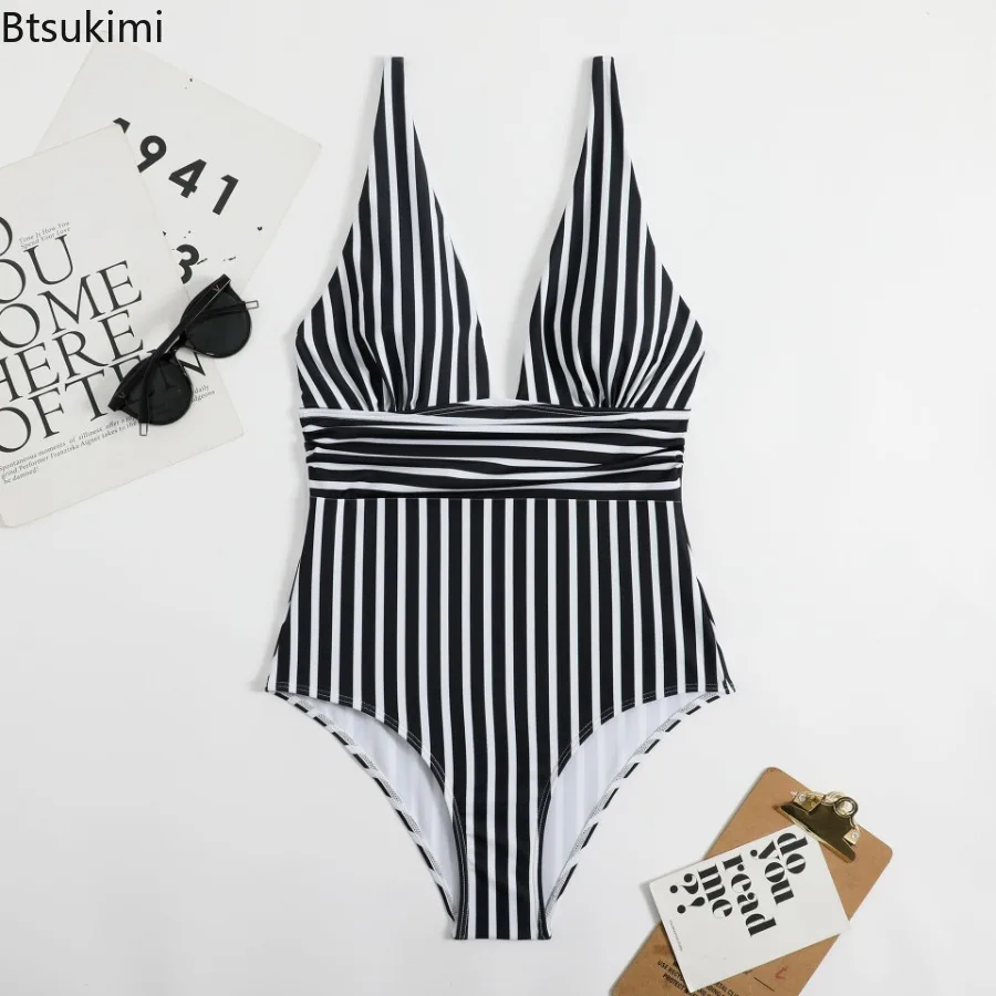 2024summer Striped Bikini Set V Neck Skinny Womens Sexy Swimsuit Beach