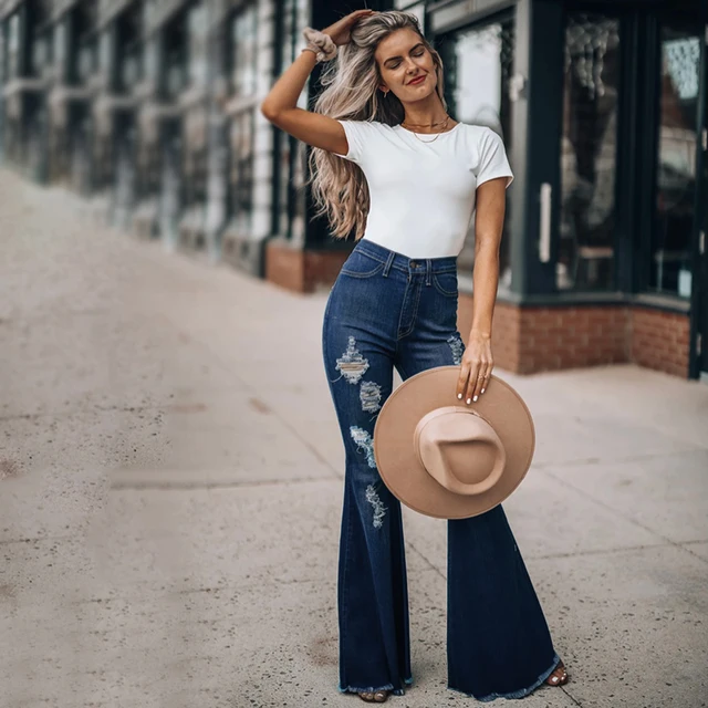 Women's Flare Bell Bottom Jeans Destroyed Ripped Flare Denim Pants 70S ...