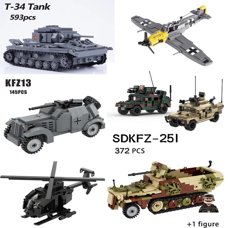 Ww2 군사 독일 소련 피규어 차량 빌딩 블록 무기 T 34 탱크 자동차 군인 Moc 액세서리 벽돌 어린이 장난감 선물