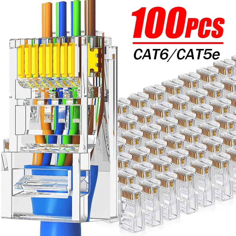 100pcs-set-RJ45-CAT6-CAT5e-Pass-Through-Connectors-Crystal-End-Gold ...