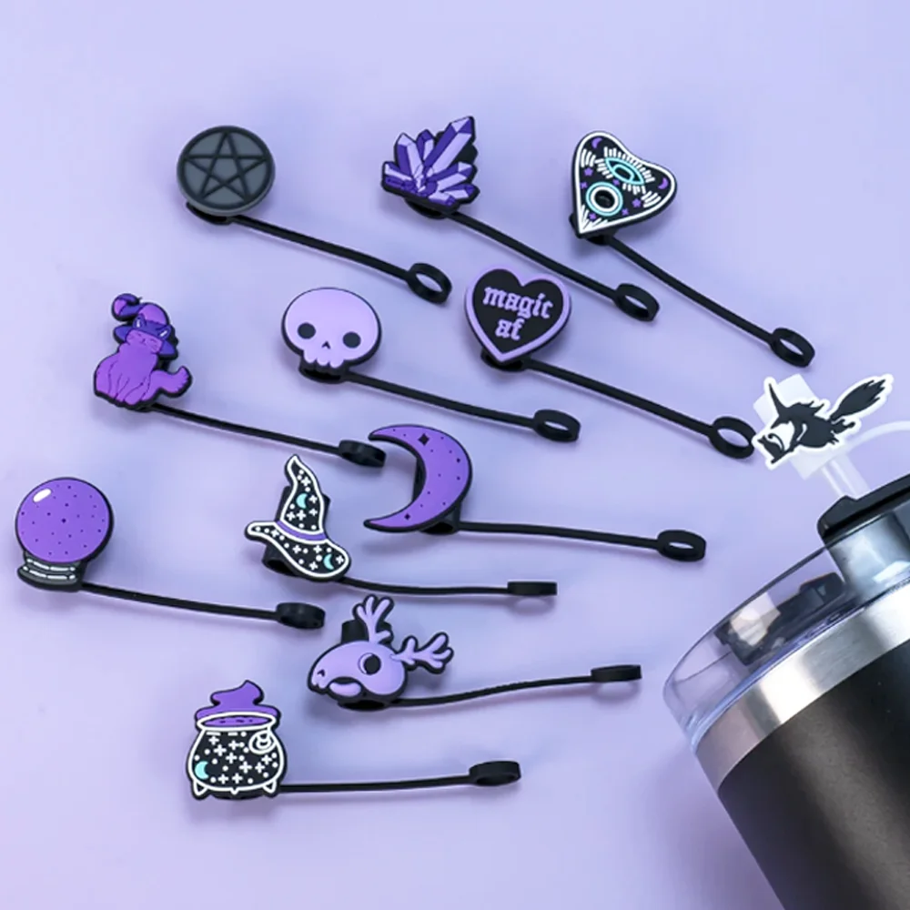 1-12PCS-Silicone-Magic-Purple-Straw-Toppers-for-Cup-Witches-Cat-Moon ...