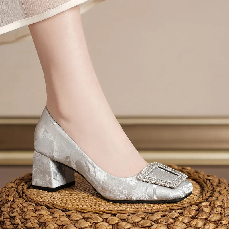 New-High-Heels-Women-Luxury-Glossy-Satin-Heels-Fashion-Square-Toe-Block ...