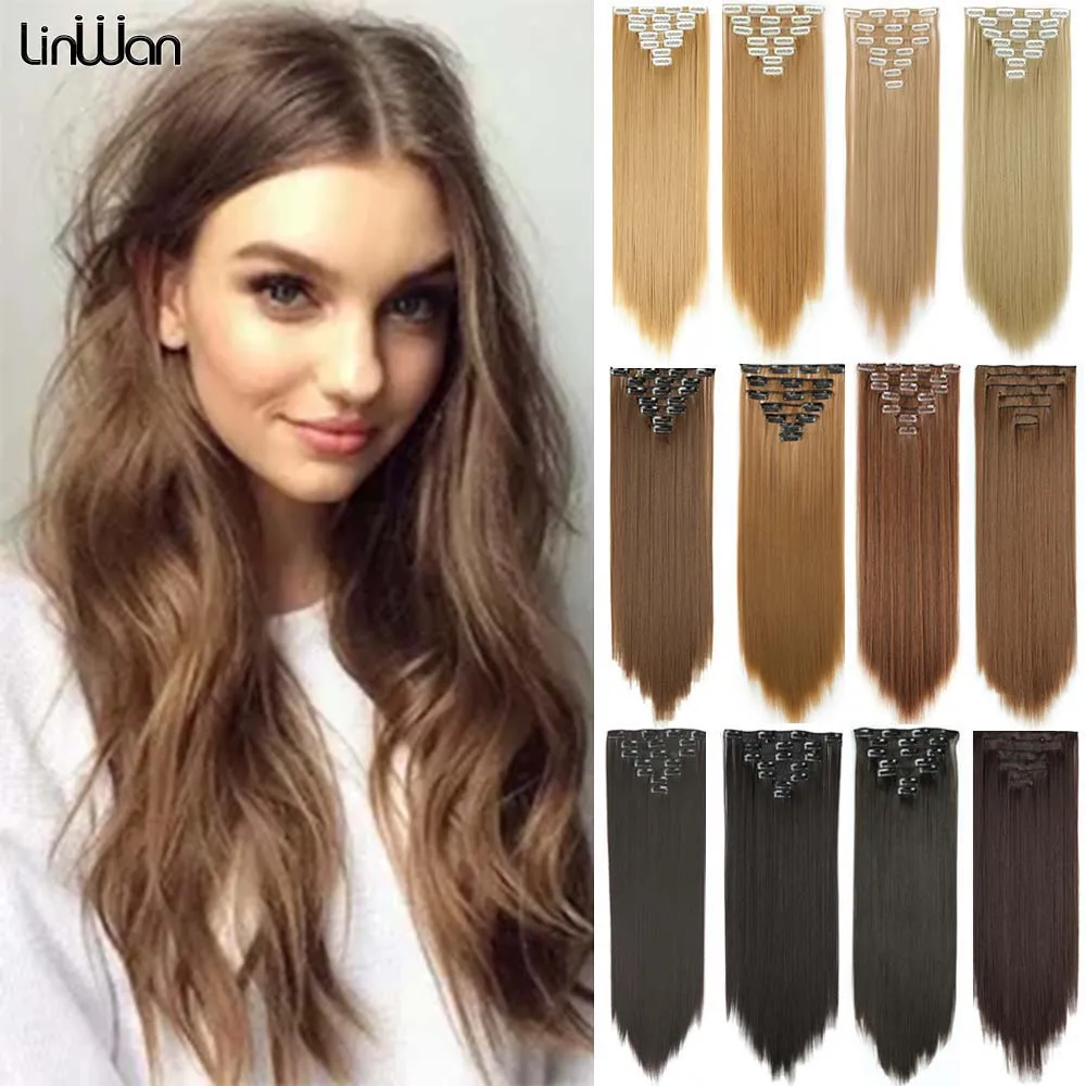 Synthetic-Hair-22-Inch-Long-Straight-Hair-Extension-7pcs-Set-16-Clips ...