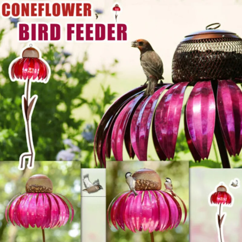 Bird-Feeder-Bottle-with-Stand-Metal-Flower-Shaped-Outdoor-Garden ...