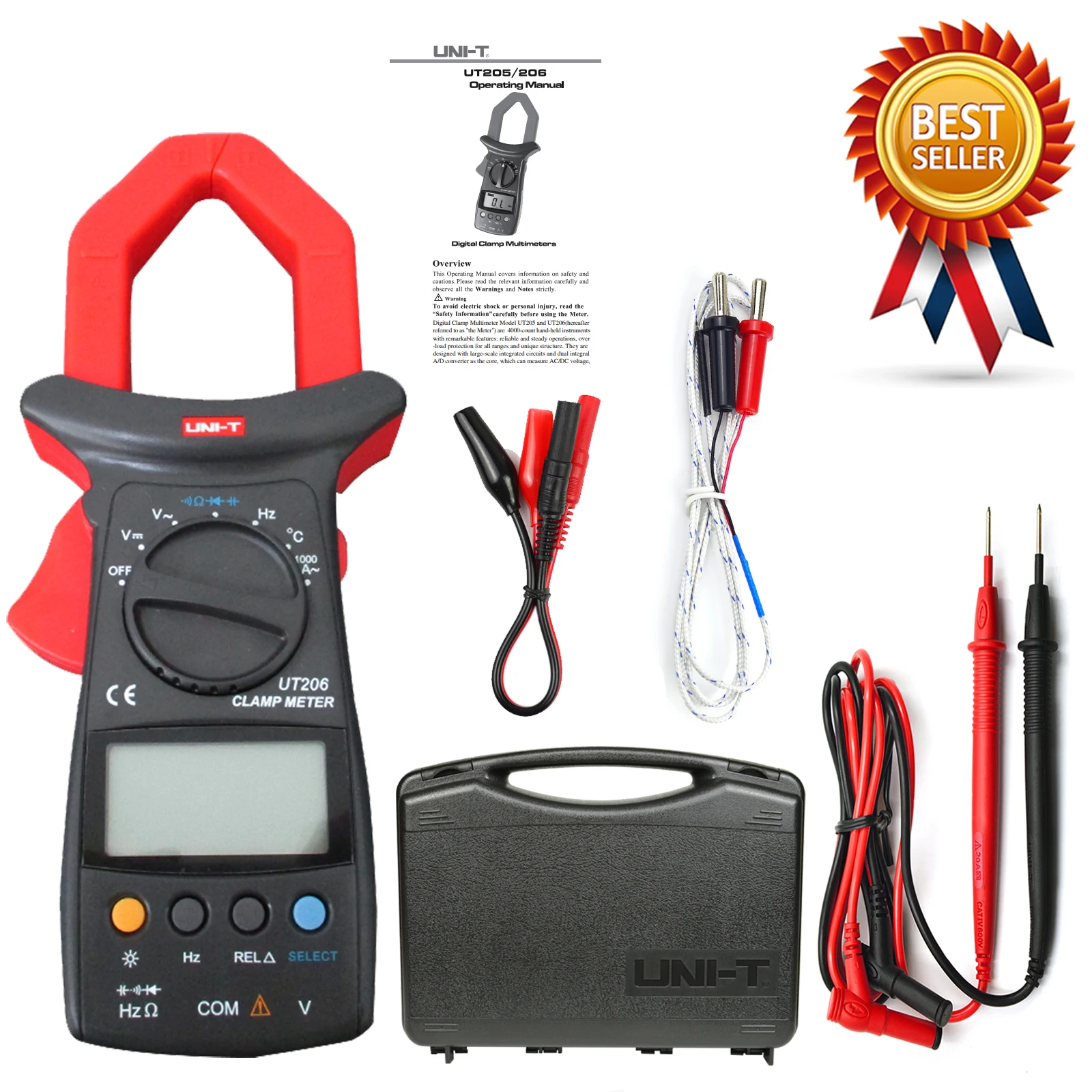 Uni-t Ut206 Clamp Meter With Temperature Lcd Backlight 3999 Count Auto ...