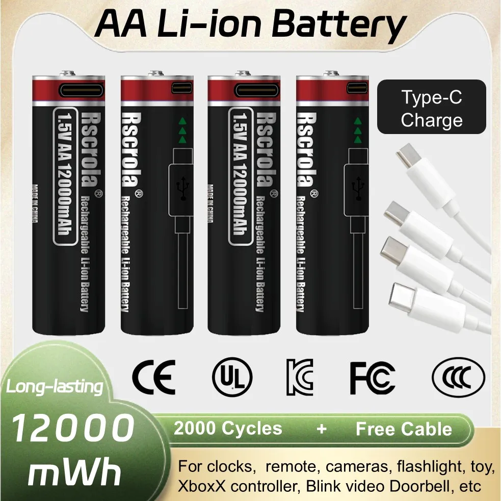 Universal AA Li-Ion Battery,Rechargeable 12000mAh 1.5v Battery Long ...