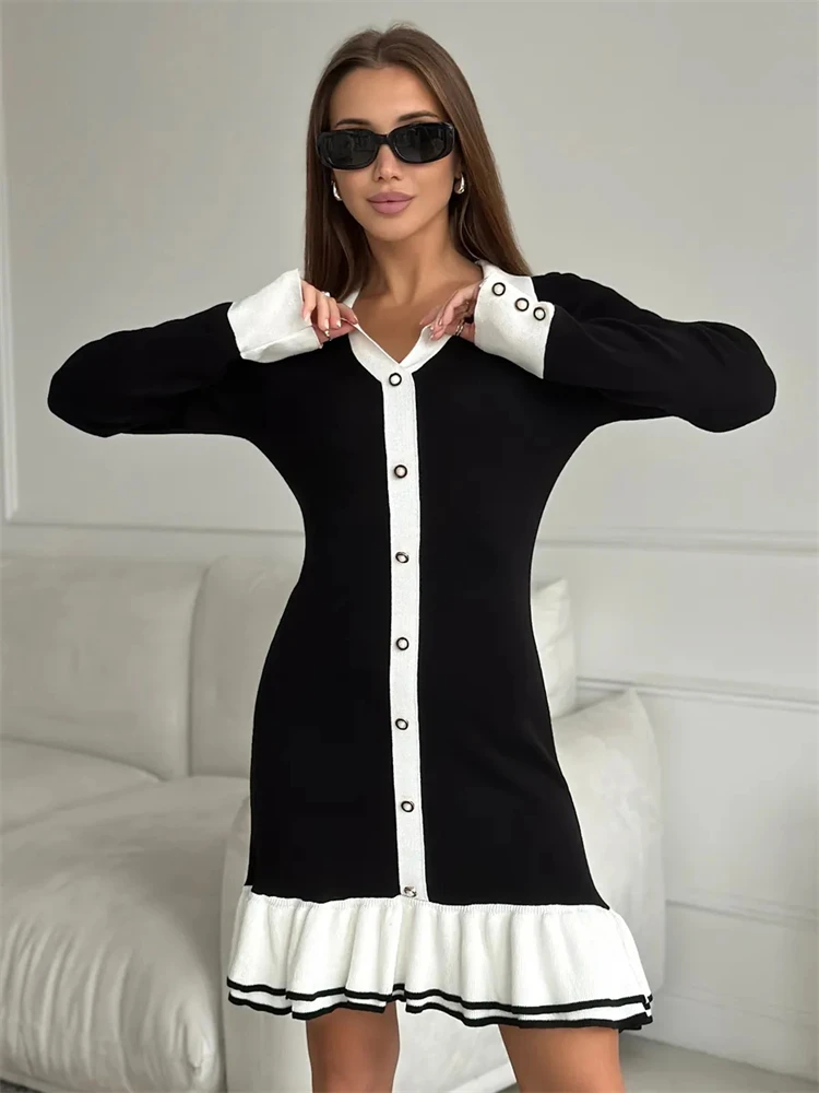 Ruffled Bow Knit Mini Dress Women's Summer Backless Contrast Cardigan ...