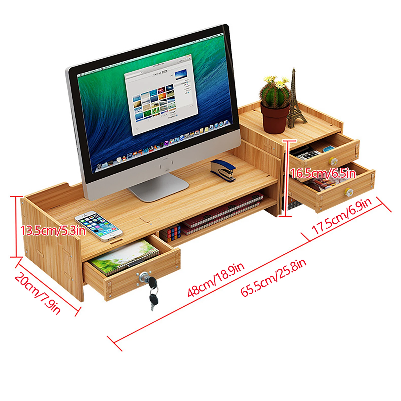 Wooden Desk Organizers with Lock, Computer Desktop Tray, Storage ...