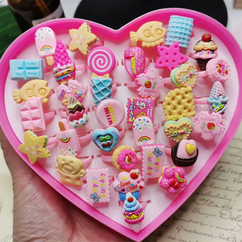 10-20Pcs-Mixed-Dessert-Cartoon-Flower-Kids-Rings-Kawaii-Resin-Animal ...
