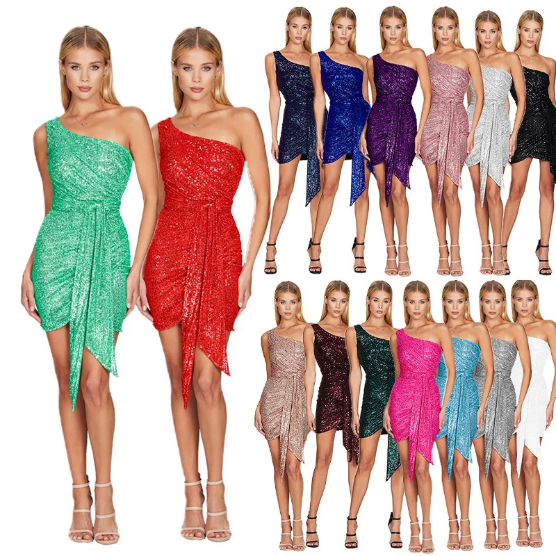 sexy women's dress summer pleat one shoulder sequin birthday evening ...