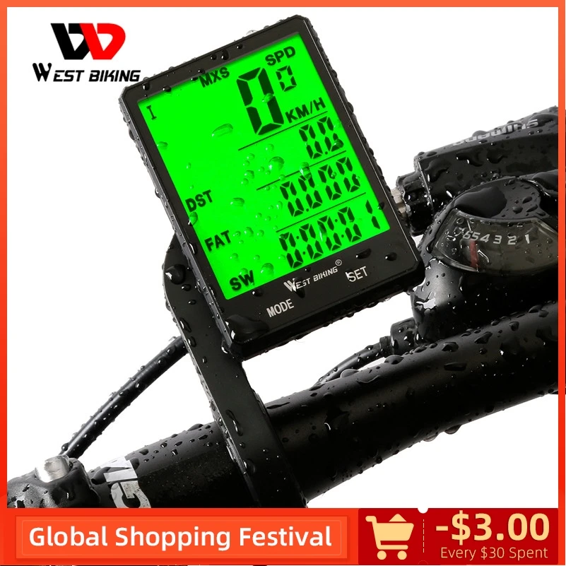 West Biking 2.8" Large Screen Bicycle Computer Wireless Wired Bike Computer Waterproof ...