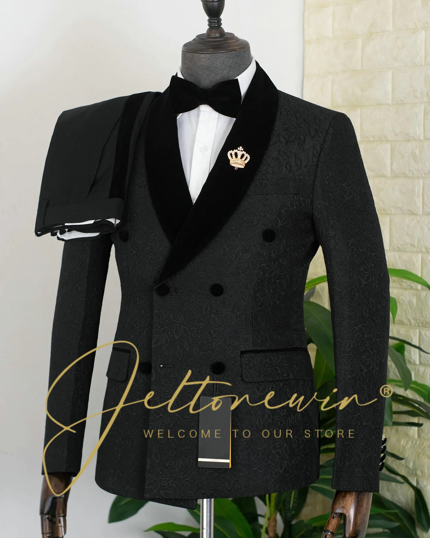 Men's Black Jacquard Textured 3 Piece Slim Fit Wedding Suit for Groom ...