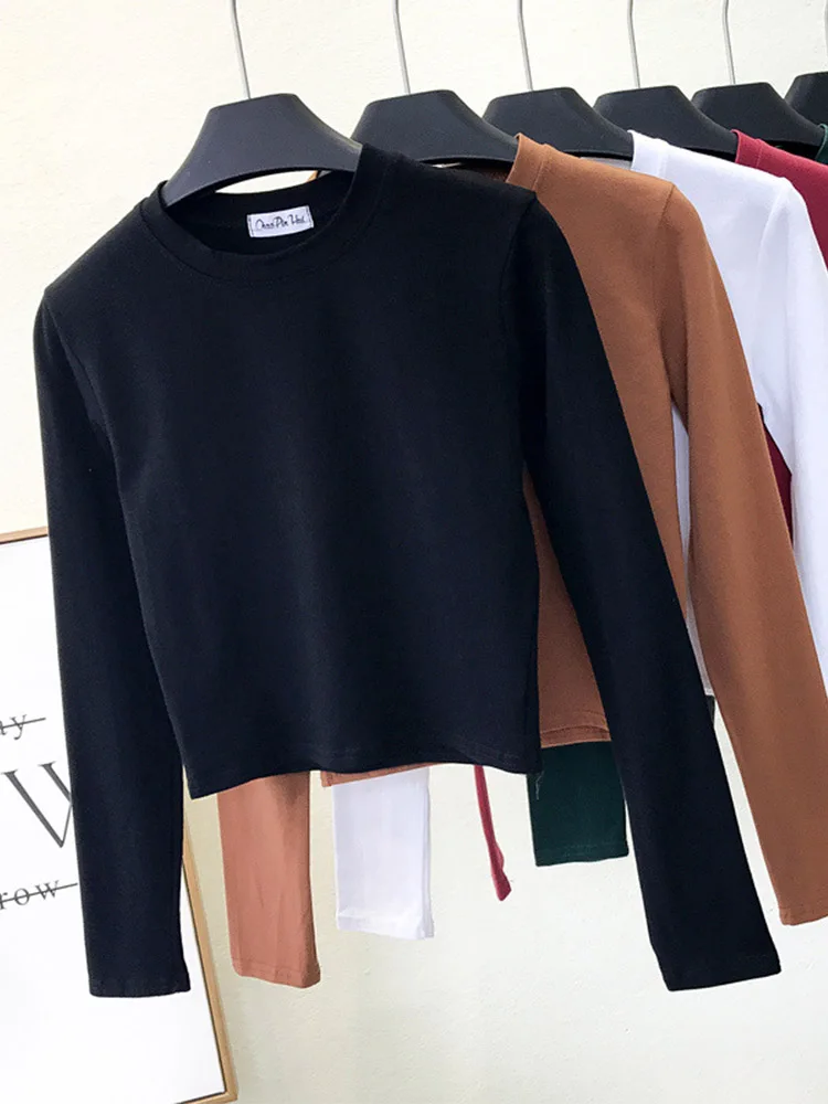 Abbigliamento-donna-Sexy-in-cotone-nero-o-collo-manica-lunga-ombelico ...