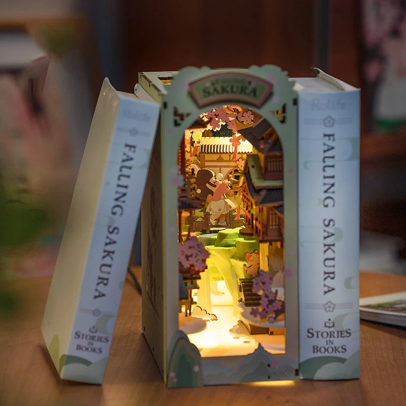 DIY-Book-Nook-Kit-Japanese-Sakura-Shelf-Insert-Wooden-Bookend-Stand-3D ...