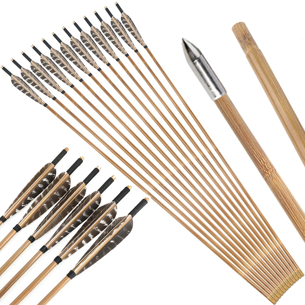 6/12pcs Archery Bamboo Arrows 33.5inch OD 8mm 125Grain Arrowheads ...