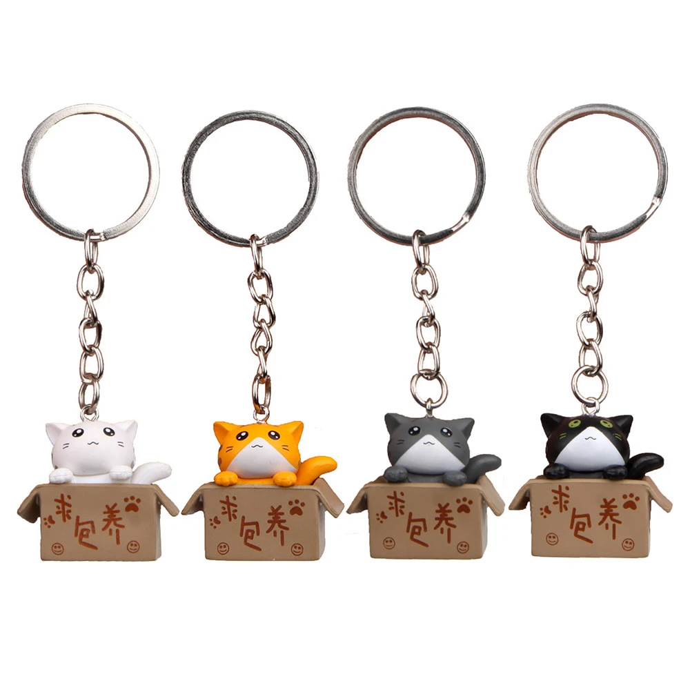 Cute Little Carton Box Cat Keychain For Women Men 4 color Funny Animal ...