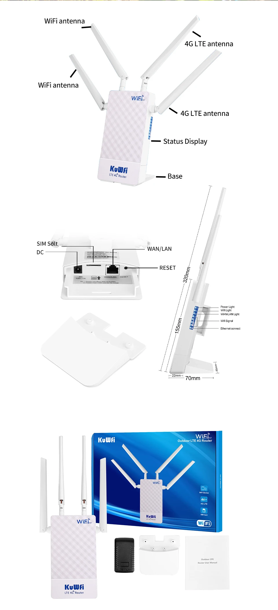 KuWFi 4G CPE Outdoor Router 300Mbps Wifi Router External Antenna ...