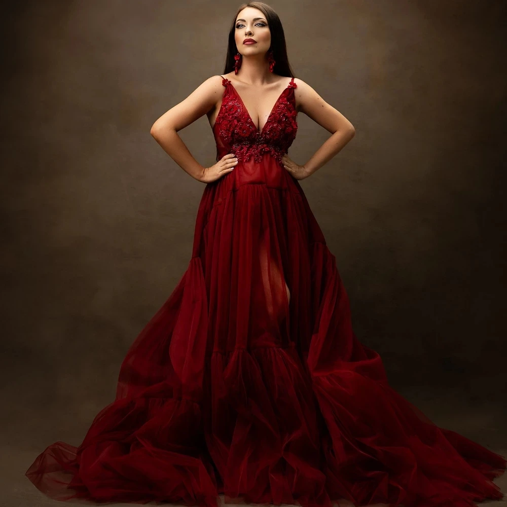 Pretty Burgundy Tulle Maternity Dresses For Photo Shoot Appliques ...