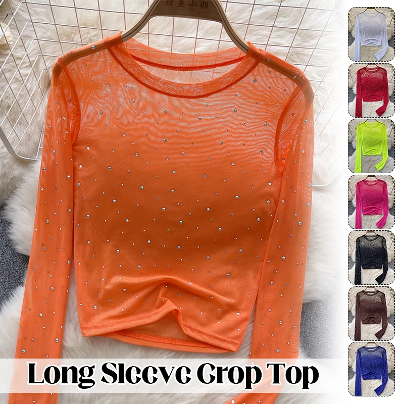 Women-Chic-Rhinestone-Mesh-Sheer-Long-Sleeve-Crop-Tops-Slim-Fit-Sexy ...