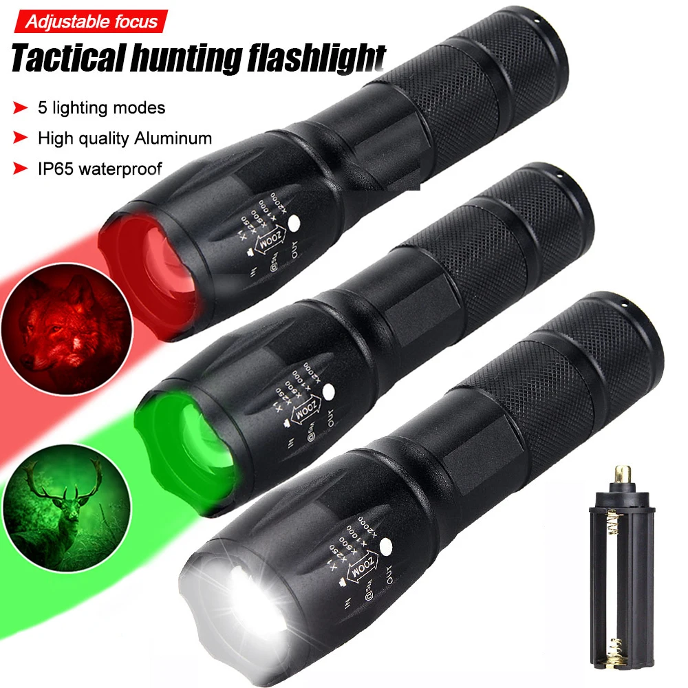 Linterna LED impermeable con enfoque ajustable, luz táctica verde, roja ...