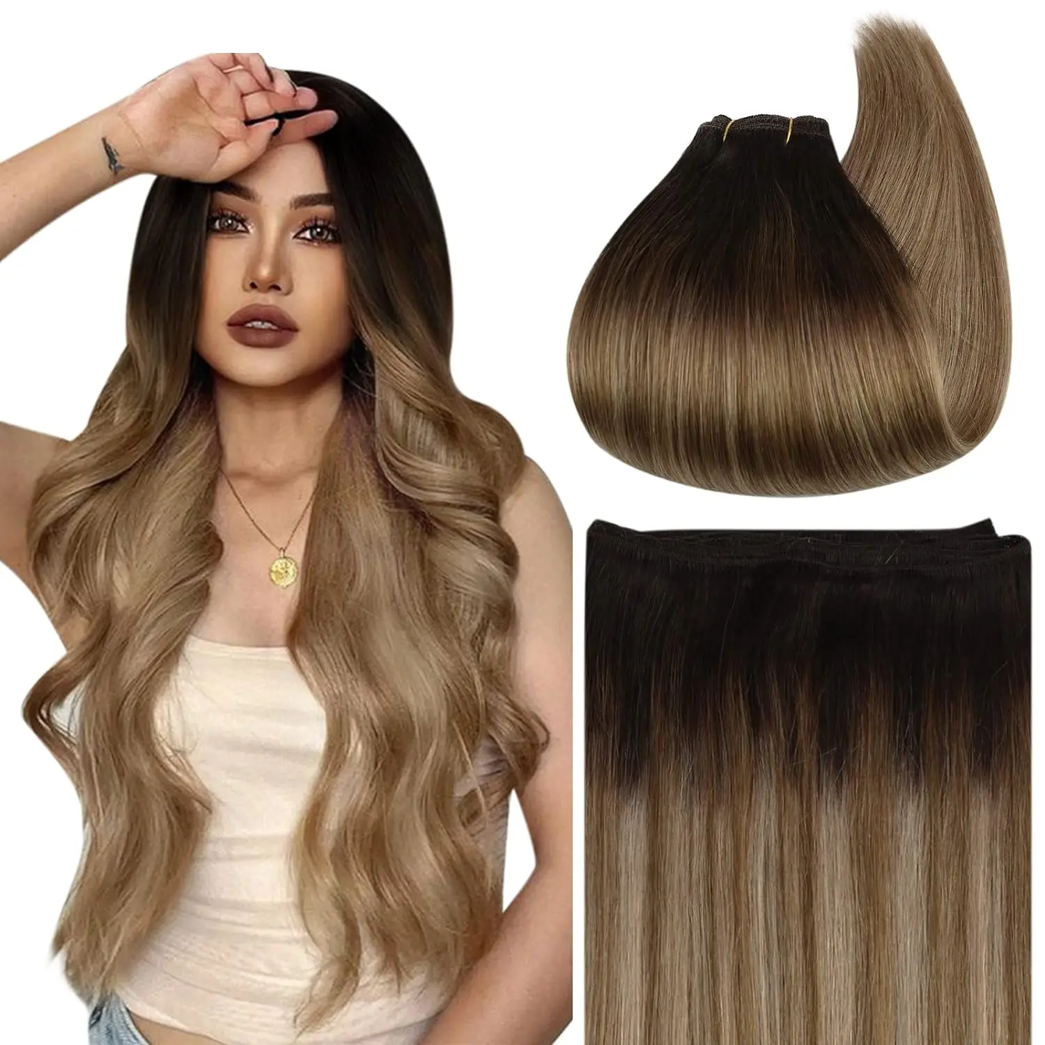 Ugeat-Sew-in-Hair-Extensions-Human-Hair-Soft-Natural-Dark-Root-Hair ...