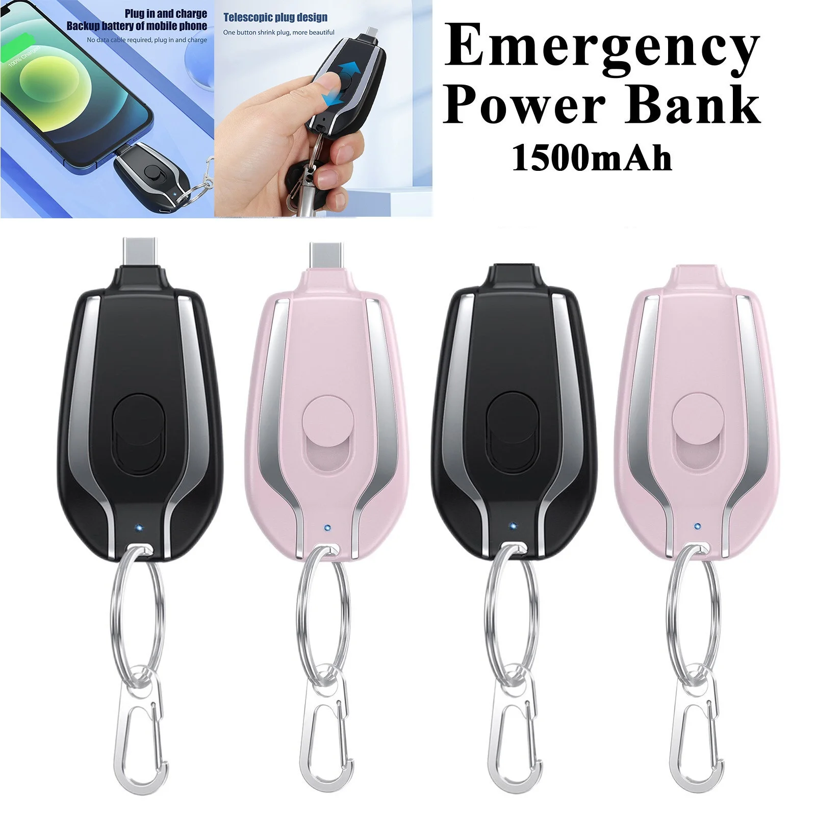 1500mAh Portable Keychain Charger Type-C Ultra-Compact Mini Battery ...