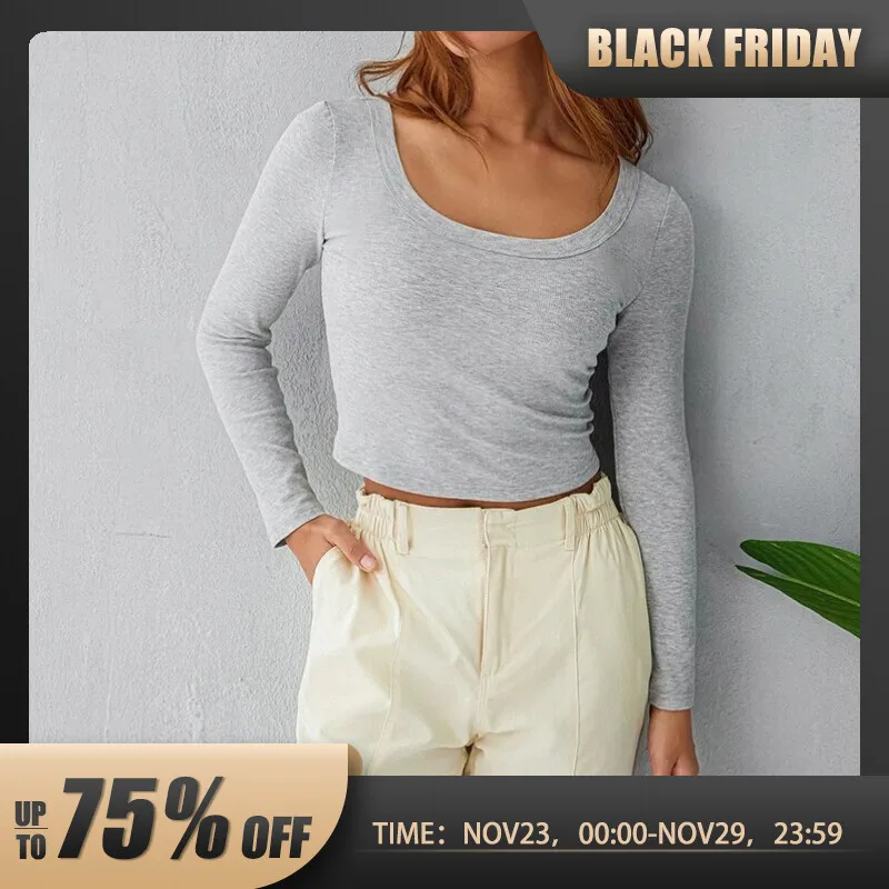 Women-Fashion-Versatile-Crop-Tops-Solid-Color-Ribbed-Scoop-Neck-Long-Sleeve-T-Shirts-Spring ...