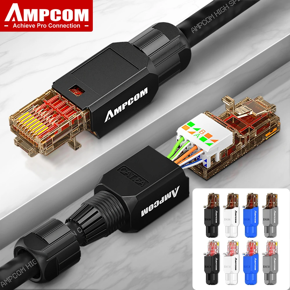 AMPCOM RJ45 Connector Tool Free CAT6A CAT6 10Gbps UTP Field Modular Plug Tool free Ethernet ...