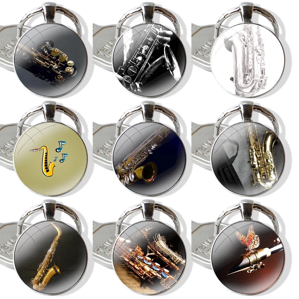 Saxophone-Music-Keychain-Handmade-Glass-Cabochon-Key-Ring-Holder ...