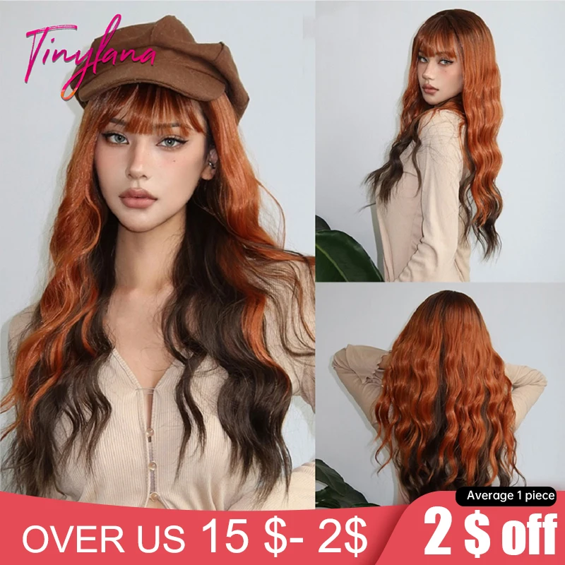 Long-Curly-Orange-Brown-Ombre-Synthetic-Wavy-Wigs-with-Bangs-Ginger ...
