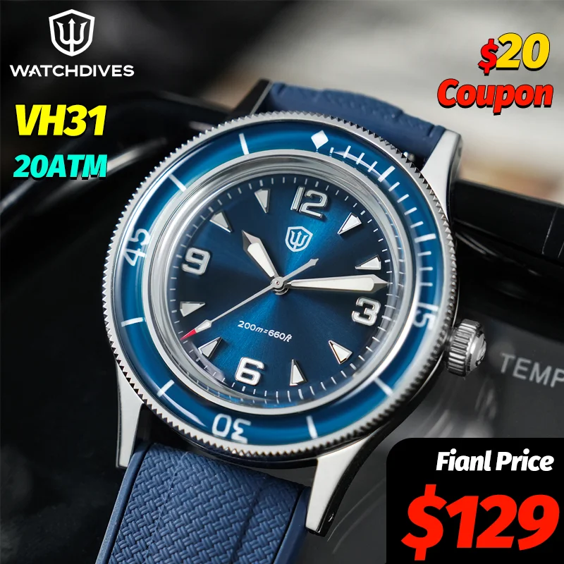 Watchdives WD50Q Diver Quartz Mens Watch VH31 Sweep Second Movemet ...