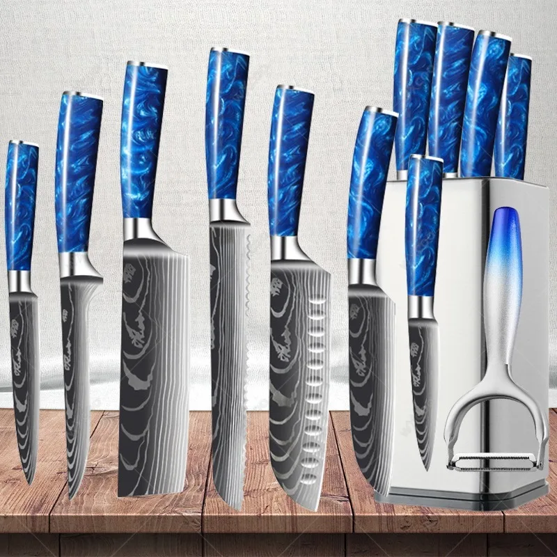 1-9pcs-Damascus-Chef-Knife-Set-Stainless-Steel-Blue-Resin-Handle-Kitchen-Knives-Multi-purpose ...